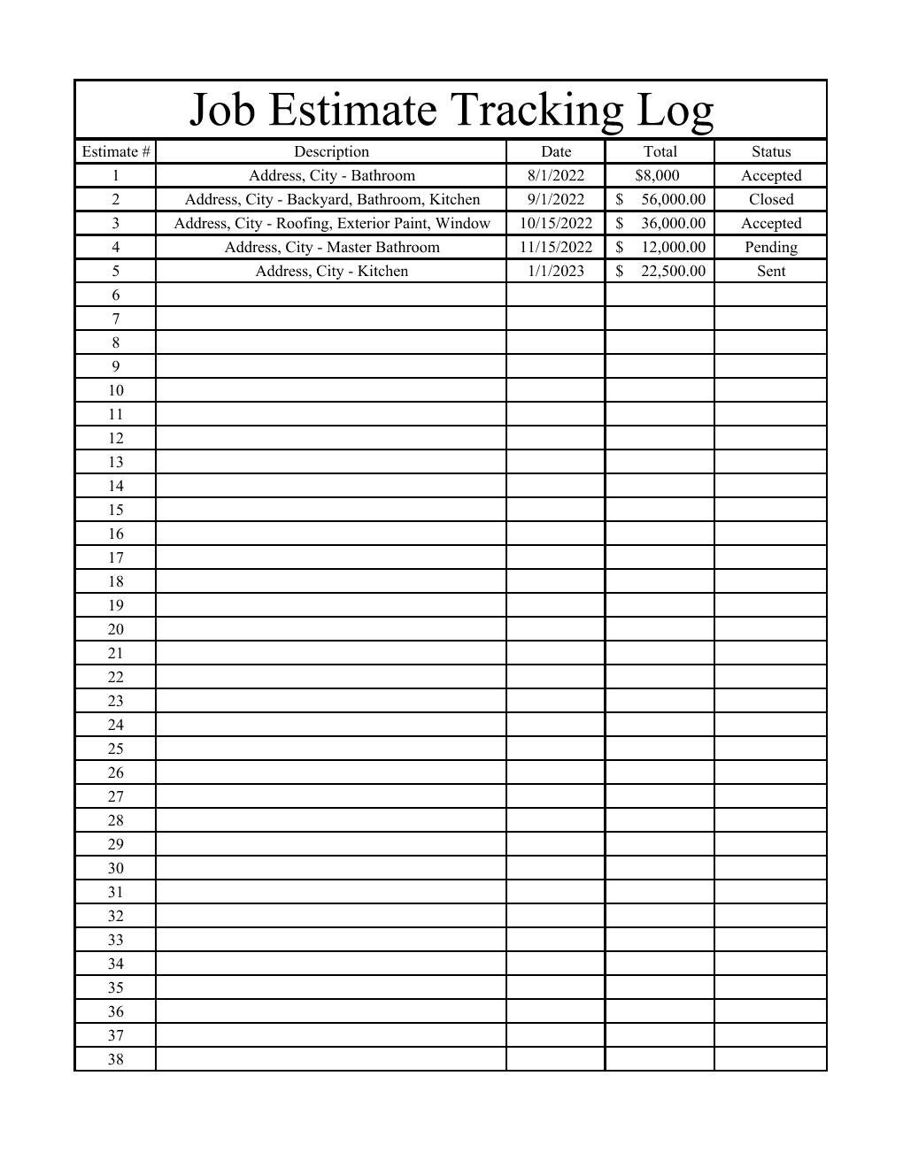 Construction Job Estimate Log Template - EDITABLE & PRINTABLE Pdf/doc ...