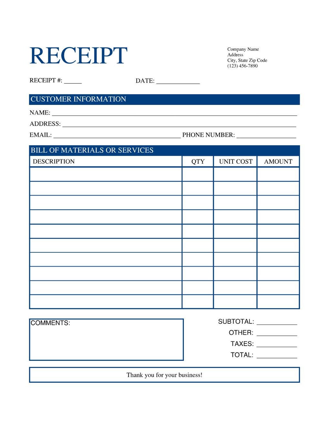 Navy Blue Receipt Template - EDITABLE & PRINTABLE Pdf/doc on Microsoft ...