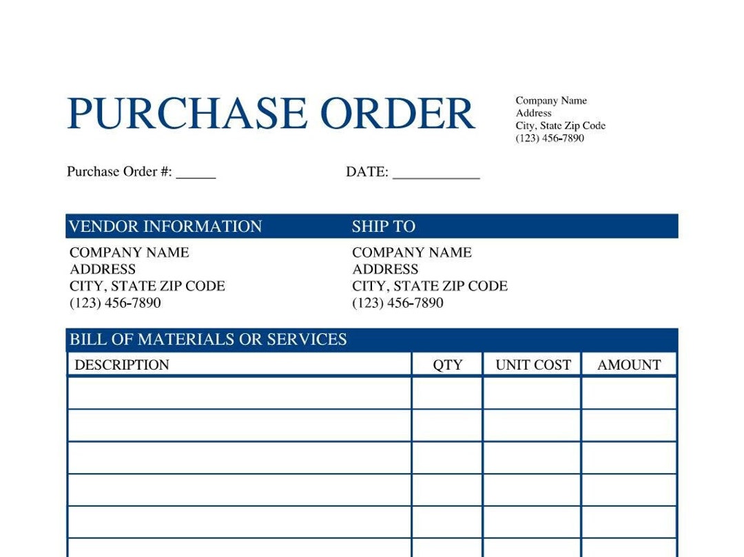 Navy Blue Purchase Order Template EDITABLE & PRINTABLE Pdf/doc on ...