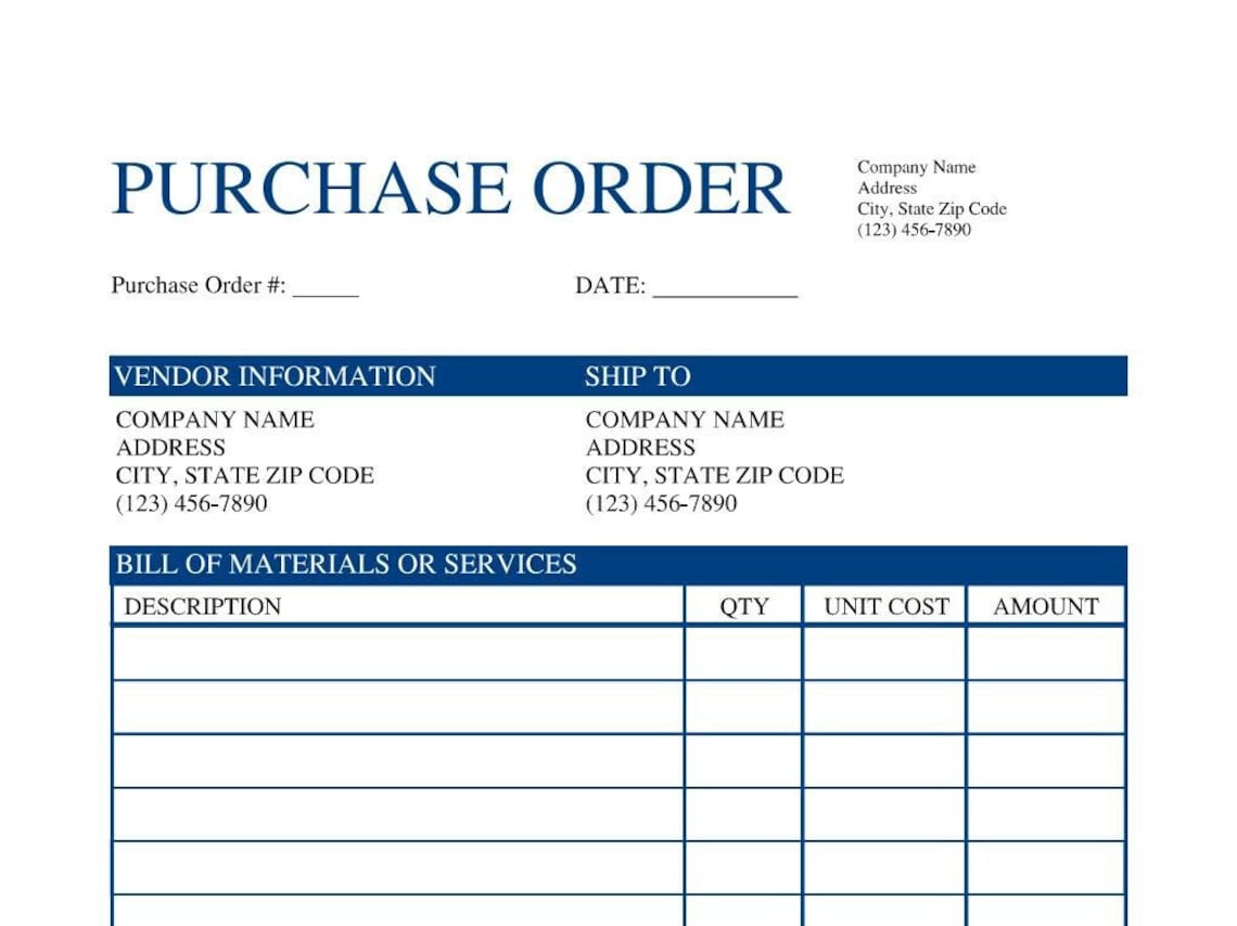 Navy Blue Purchase Order Template - EDITABLE & PRINTABLE Pdf/doc on ...