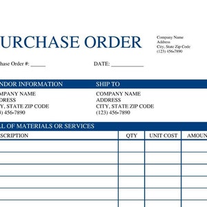 Navy Blue Purchase Order Template - EDITABLE & PRINTABLE Pdf/doc on ...