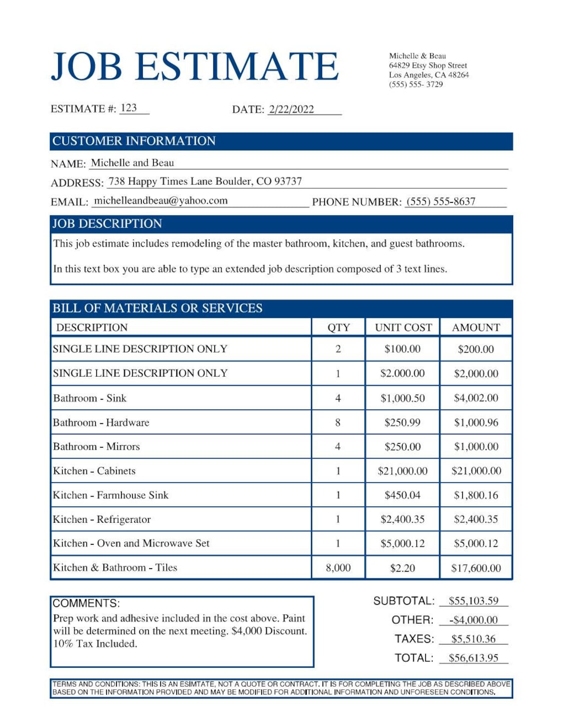 Construction Job Estimate | 4 Color Options | Zip File | EDITABLE ...