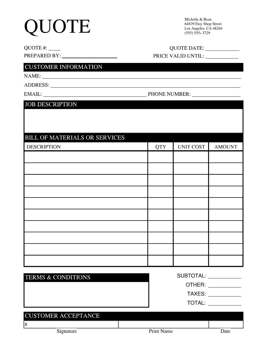 Quote Template 4 Color Options Zip File EDITABLE & PRINTABLE Pdf/doc on ...