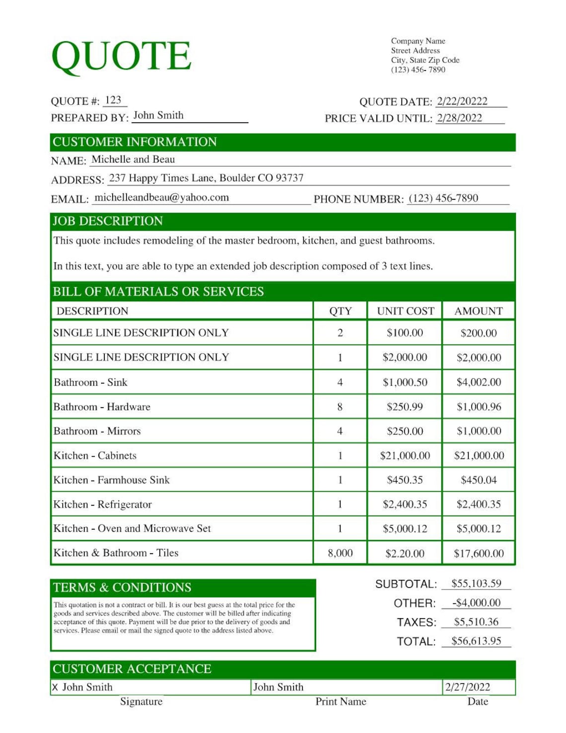 Green Quote Template - EDITABLE & PRINTABLE Pdf/doc on Microsoft Edge ...