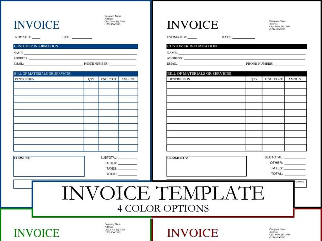 Invoice Template | 4 Color Options | Zip File | EDITABLE & PRINTABLE ...