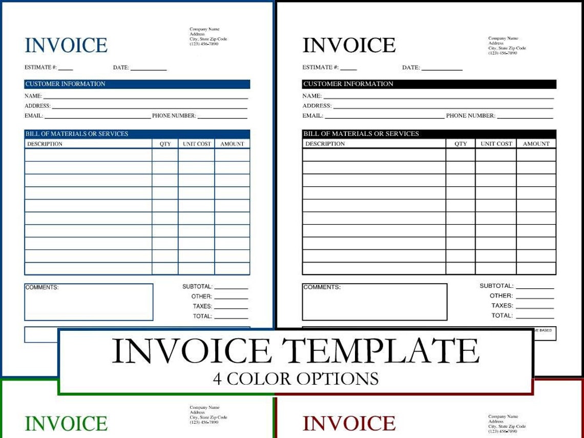 Invoice Template | 4 Color Options | Zip File | EDITABLE & PRINTABLE ...