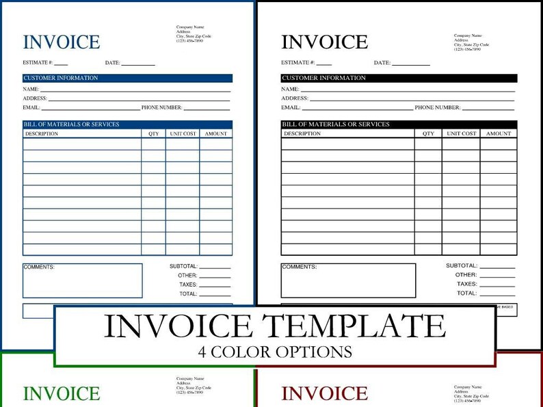 Invoice Template | 4 Color Options | Zip File | EDITABLE & PRINTABLE ...