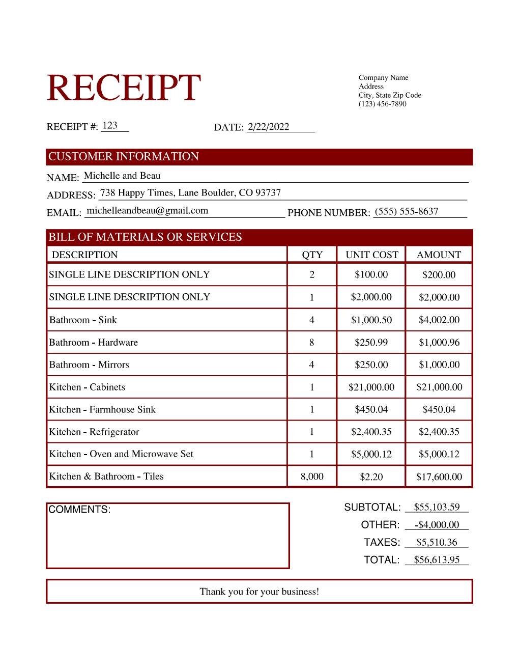 Dark Red Receipt Template - EDITABLE & PRINTABLE Pdf/doc on Microsoft ...