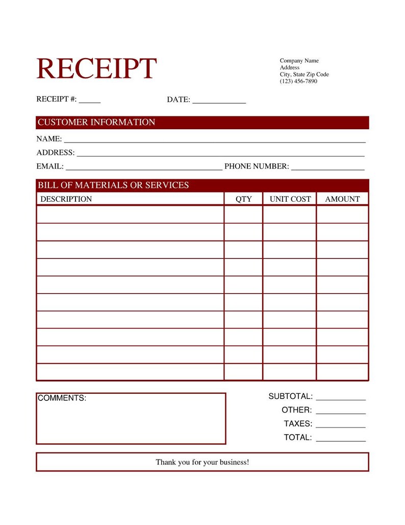 Dark Red Receipt Template EDITABLE & PRINTABLE Pdf/doc on Microsoft ...