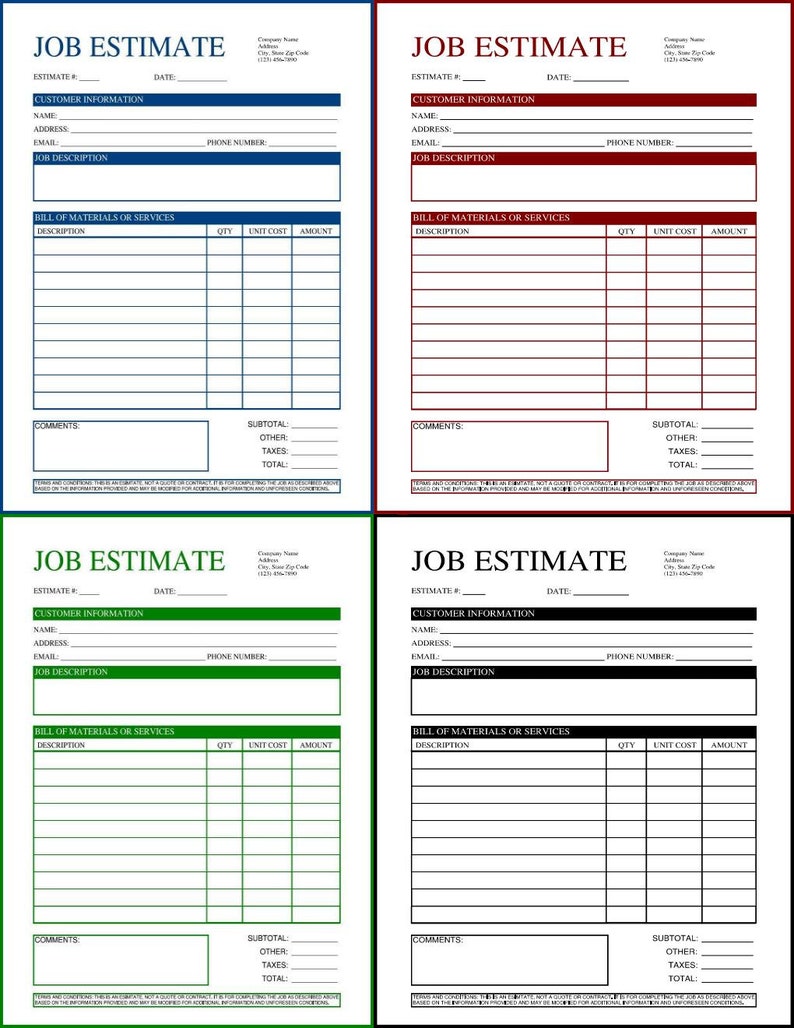Construction Job Estimate | 4 Color Options | Zip File | EDITABLE ...