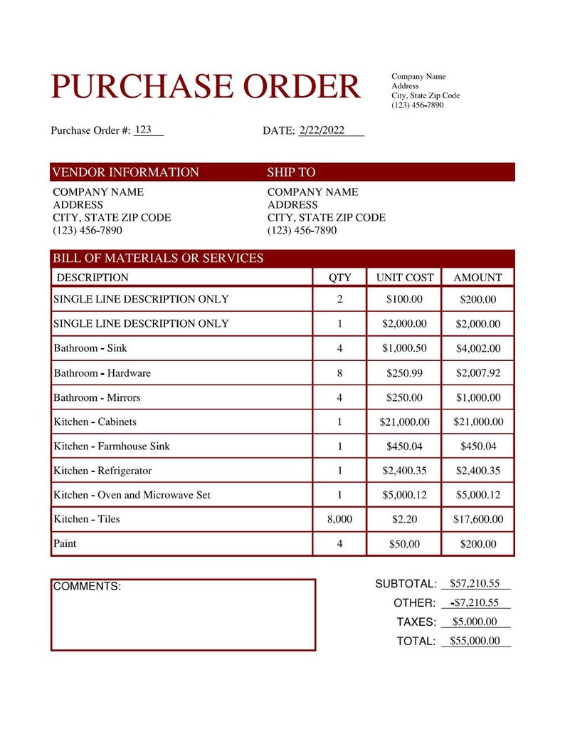 Purchase Order Template | 4 Color Options | Zip File | EDITABLE & PRINTABLE Pdf/doc on Microsoft ...