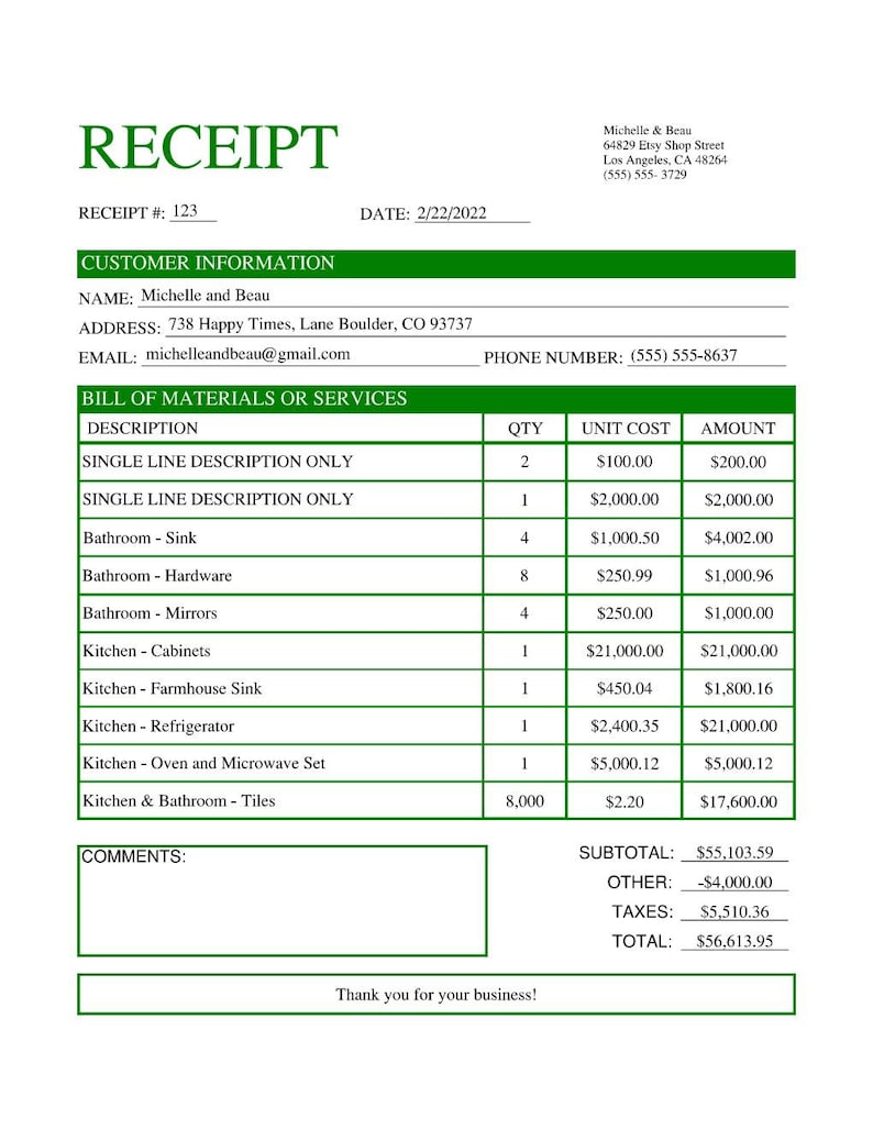 Green Receipt Template - EDITABLE & PRINTABLE Pdf/doc on Microsoft Edge/google Chrome/microsoft ...