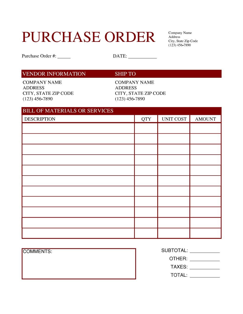 Dark Red Purchase Order Template - EDITABLE & PRINTABLE Pdf/doc on ...