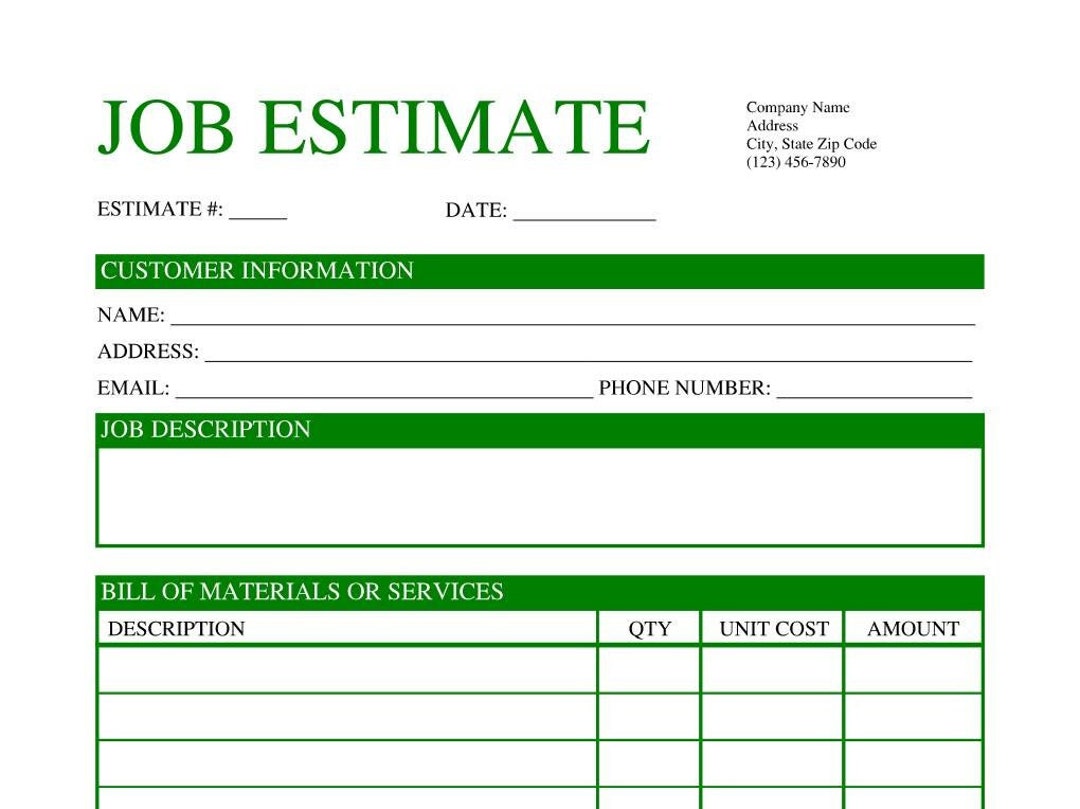 Green Construction Job Estimate Template EDITABLE Etsy