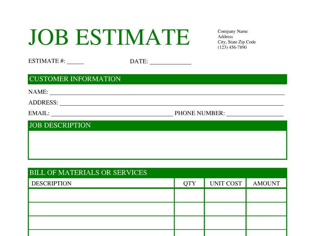Green Construction Job Estimate Template EDITABLE Etsy