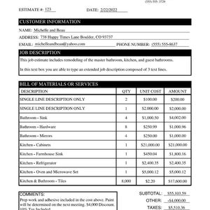 Construction Job Estimate Template EDITABLE & PRINTABLE Pdf/doc on ...