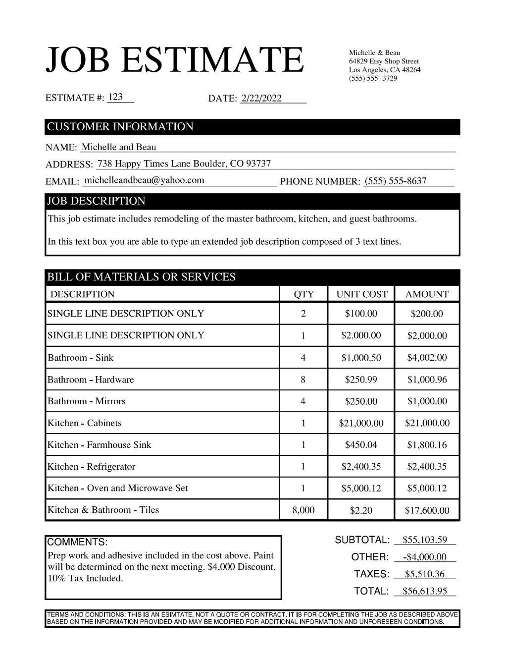 Construction Job Estimate Template - EDITABLE & PRINTABLE Pdf/doc on ...