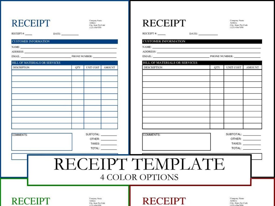 Receipt Template | 4 Color Options | Zip File | EDITABLE & PRINTABLE ...