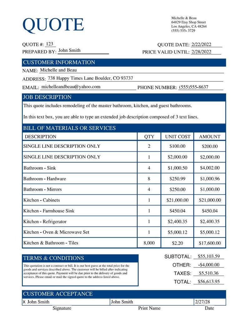 Navy Blue Quote Template EDITABLE & PRINTABLE Pdf/doc on Microsoft Edge ...