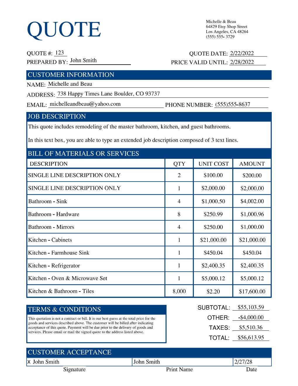 Navy Blue Quote Template - EDITABLE & PRINTABLE Pdf/doc on Microsoft ...