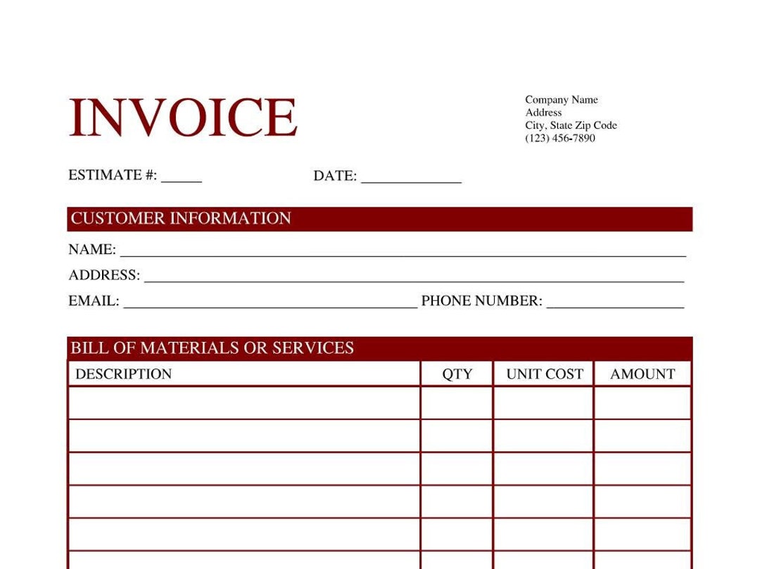 Dark Red Invoice Template - EDITABLE & PRINTABLE Pdf/doc on Microsoft ...