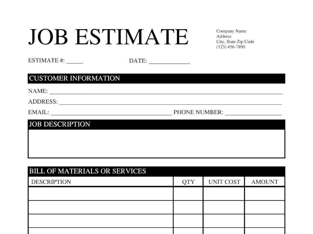 Construction Job Estimate Template - EDITABLE & PRINTABLE Pdf/doc on ...
