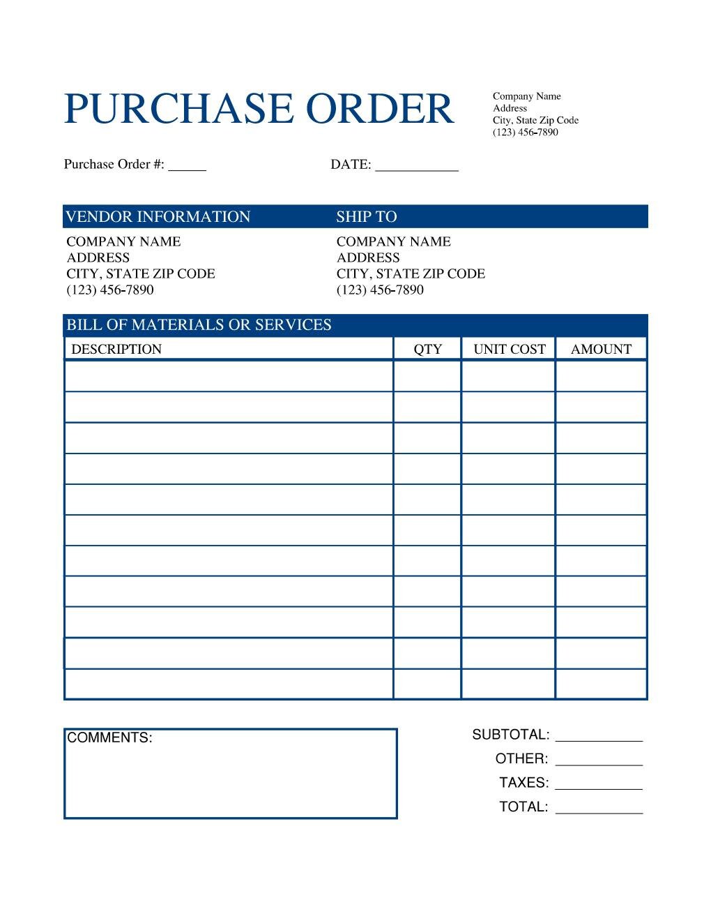 Navy Blue Purchase Order Template - EDITABLE & PRINTABLE Pdf/doc on ...