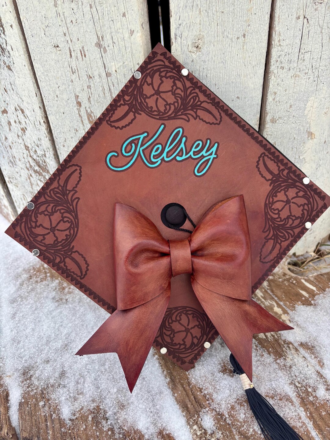Leather Bow Graduation Cap Topper, Custom Engraved Graduation Cap ...