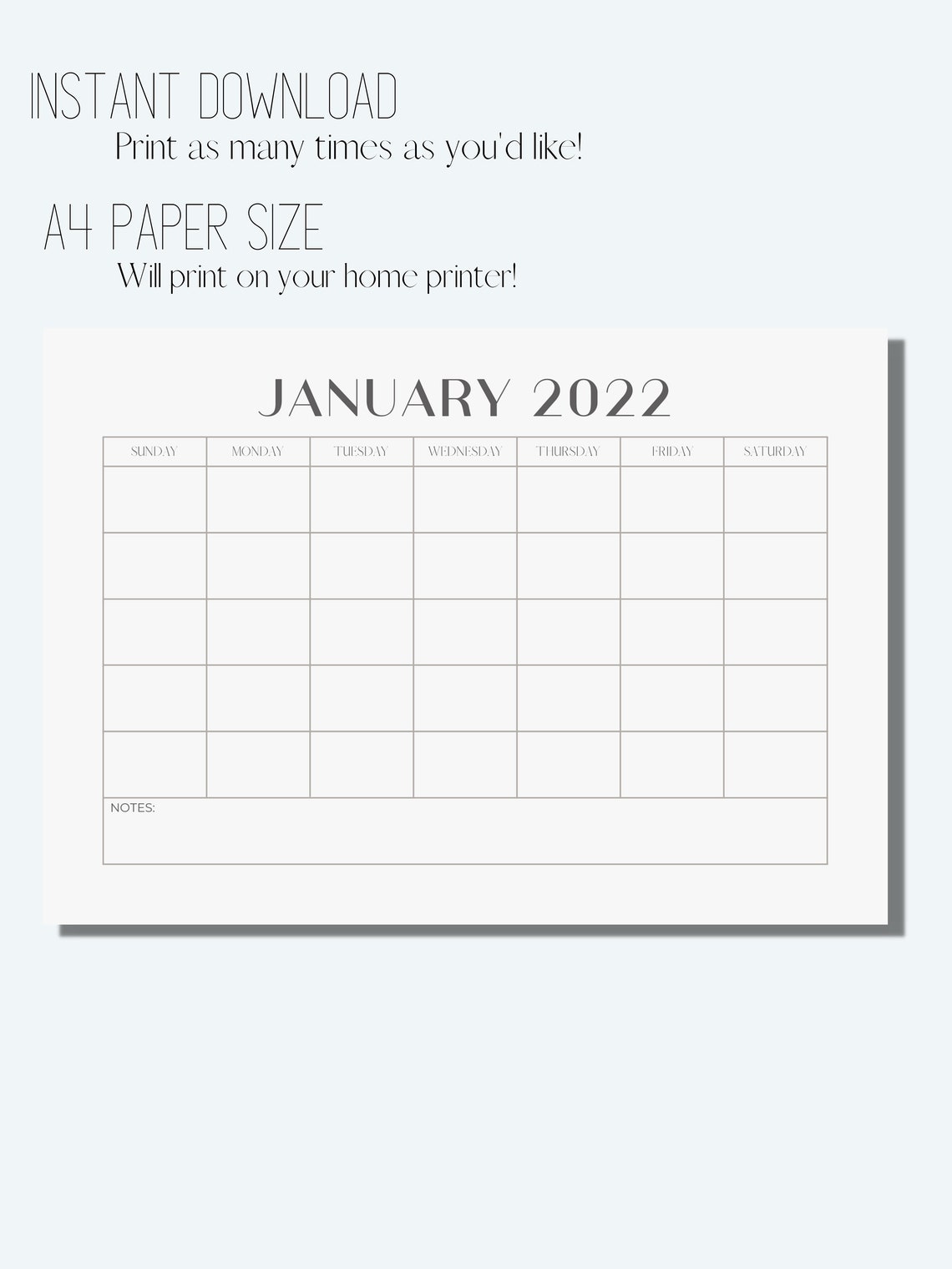 Printable Monthly Calendar 2022, Instant Download Print at Home ...