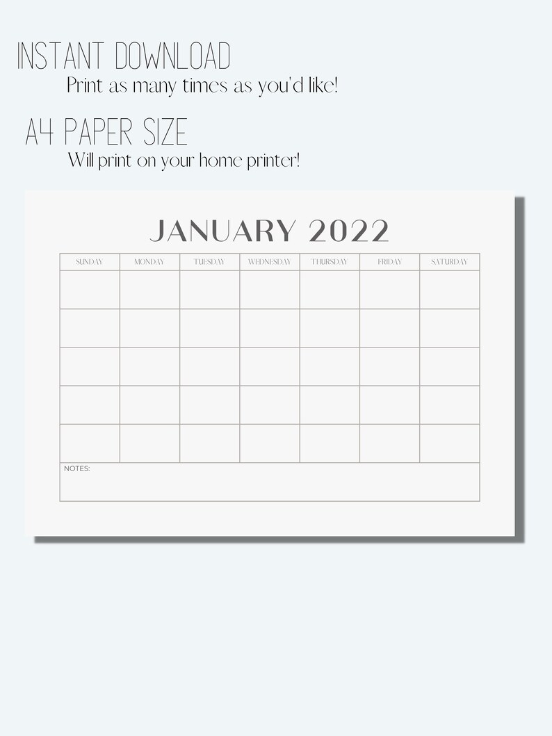 Printable Monthly Calendar 2022, Instant Download Print at Home ...