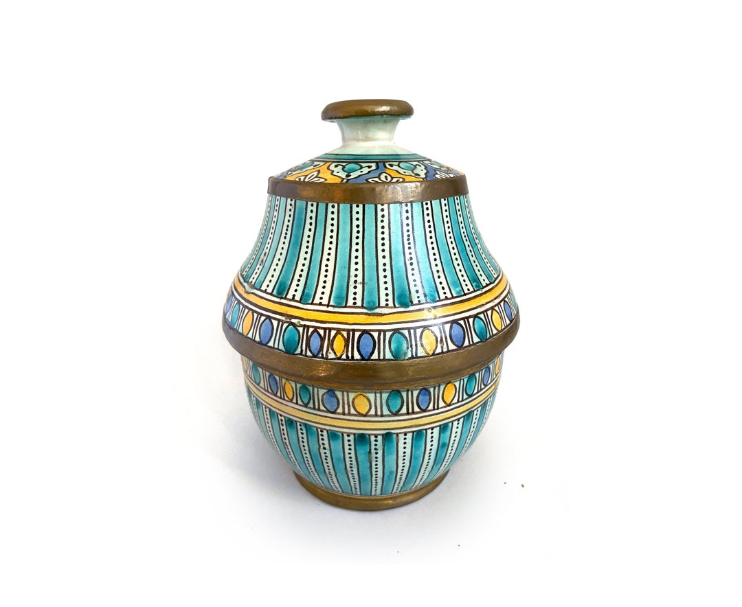 Antique Moroccan Covered Container Pot Jar Lidded Hand Painted ...