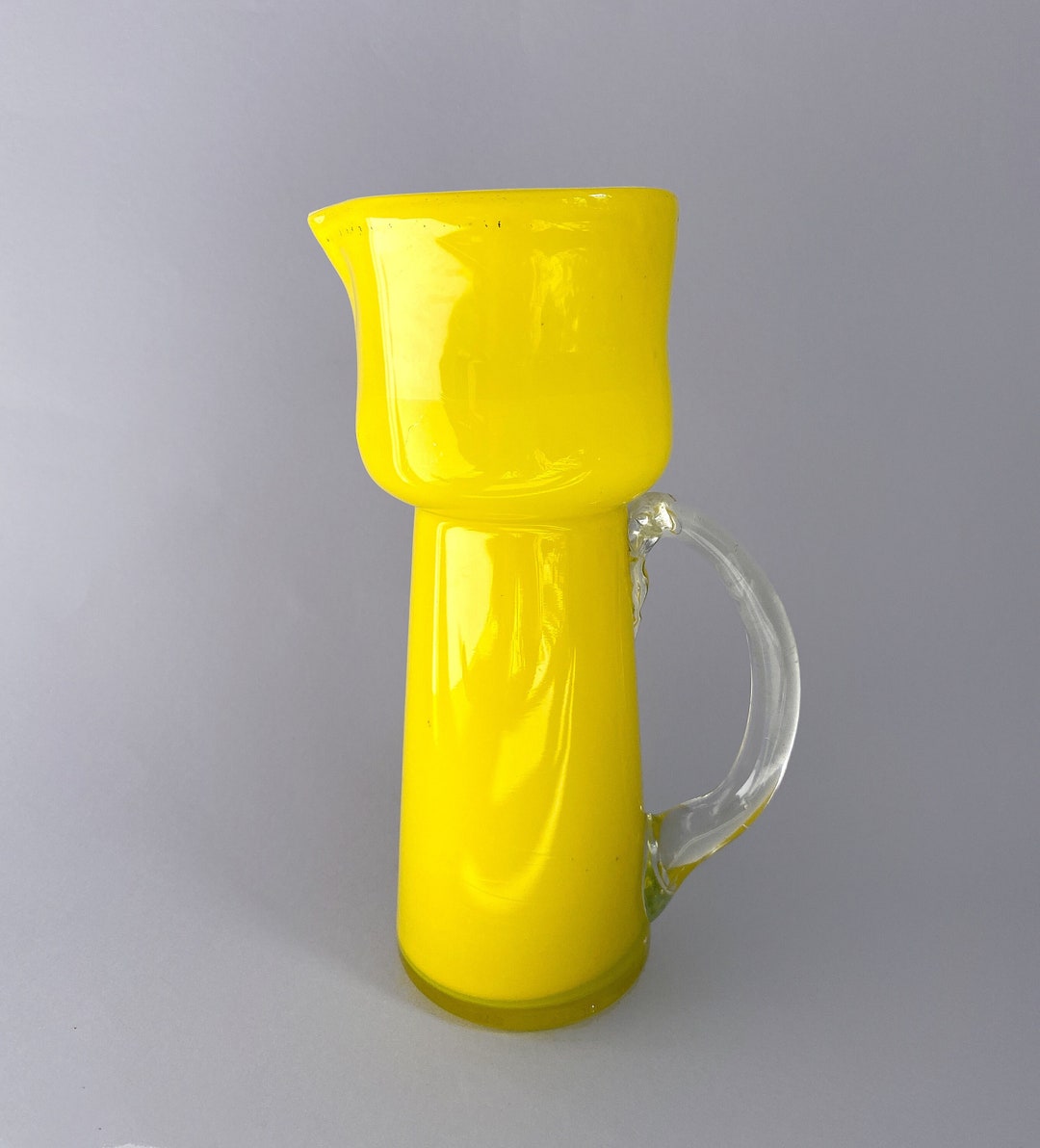 Vintage Mid-century Cased Glass Pitcher Canary Yellow Retro Jug Handle ...