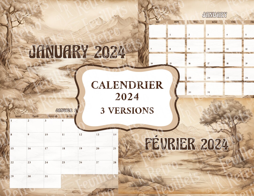 3 Vintage Monthly 2024 Printable French and English Calendars of Your ...