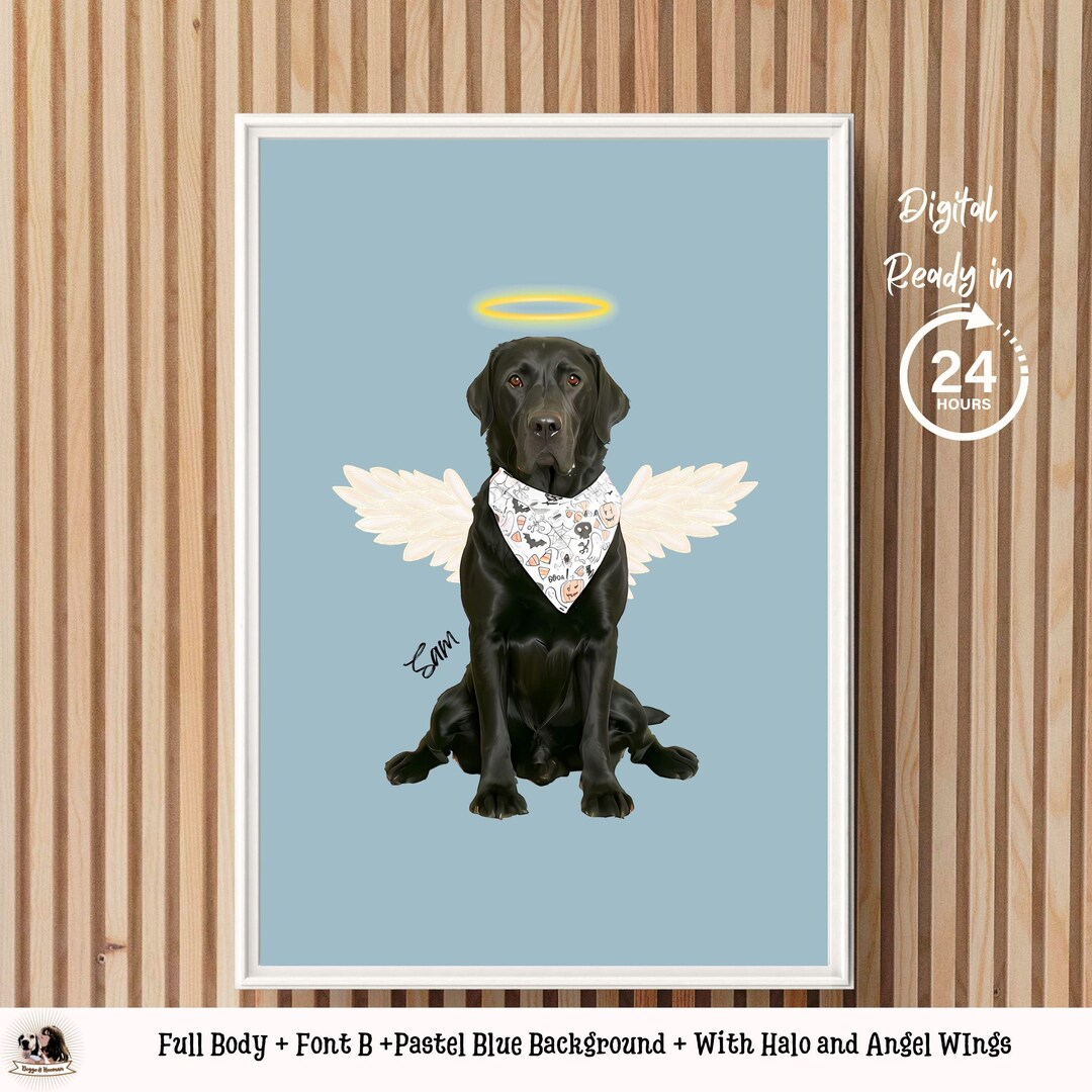 Dog Memorial Portrait With Halo Ring and Angel Wings Black Dog Portrait ...
