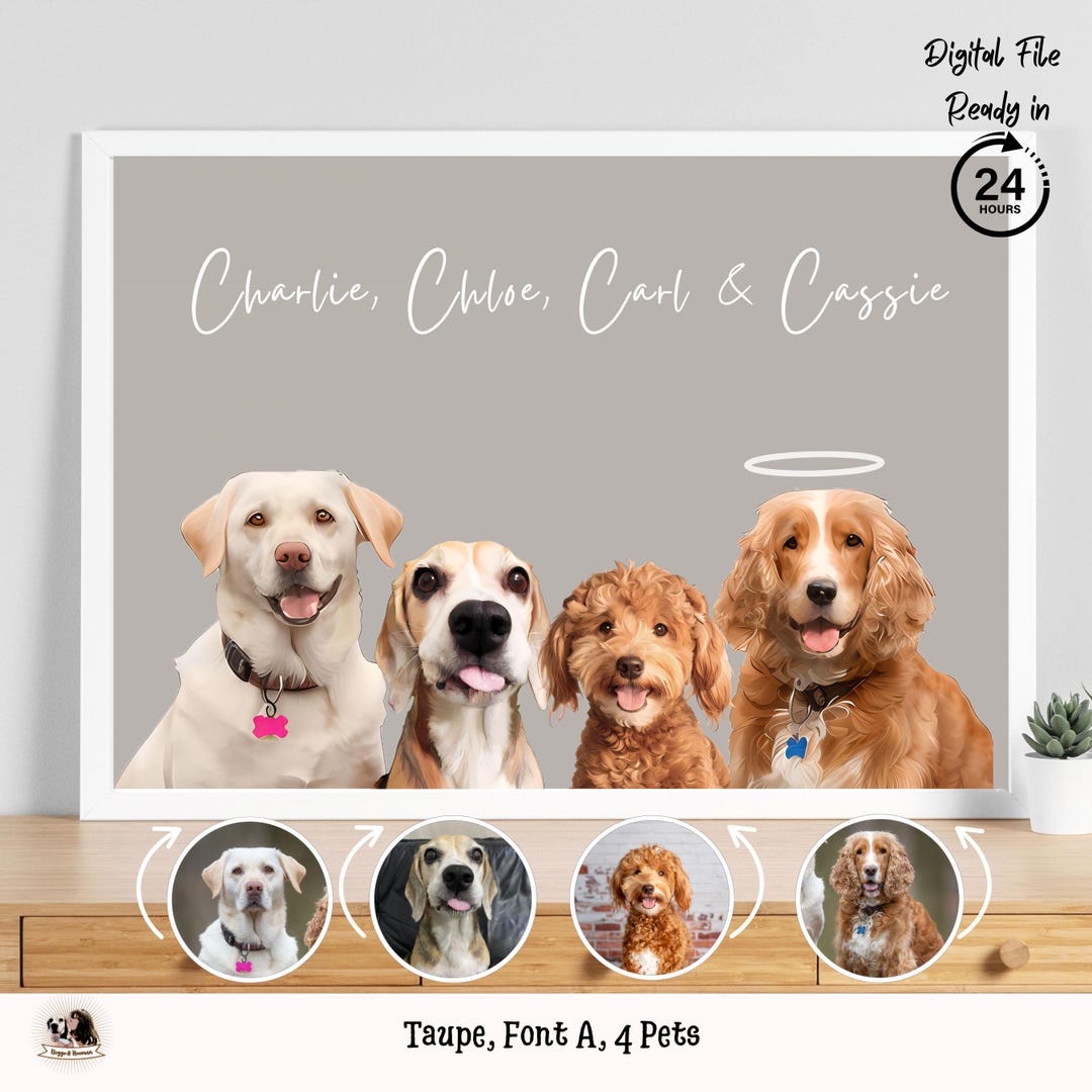 Custom Pet Portrait Multiple Dog Pic to Art Dog and Cat Portrait With ...