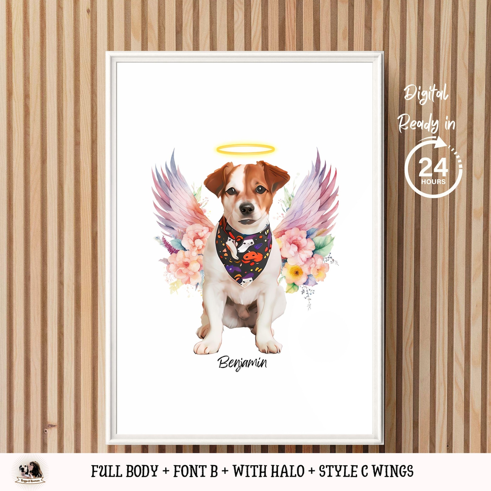 Dog Memorial Portrait With Halo Ring and Angel Wings Black Dog Portrait ...