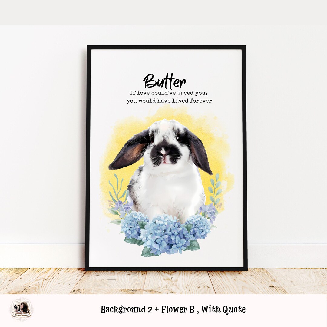 Personalized Rabbit Art Pet Memorial Portrait From Photo With Flowers ...