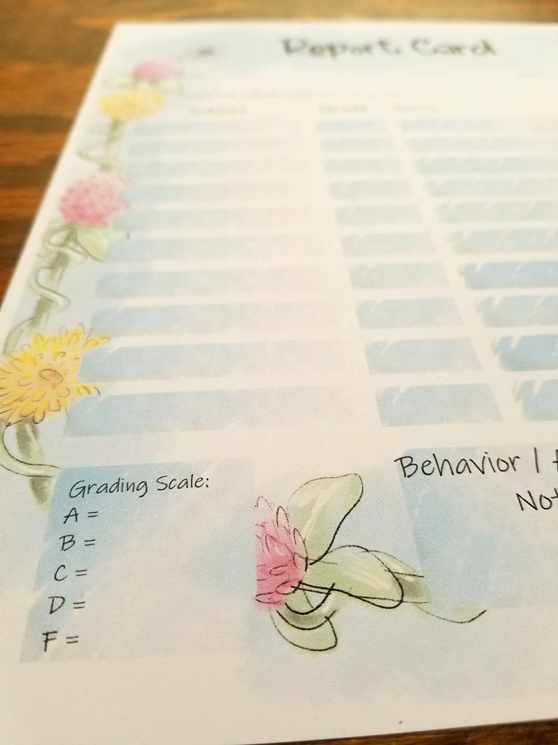 Digital Download Report Card, Grade Card for Homeschooling, Flower ...