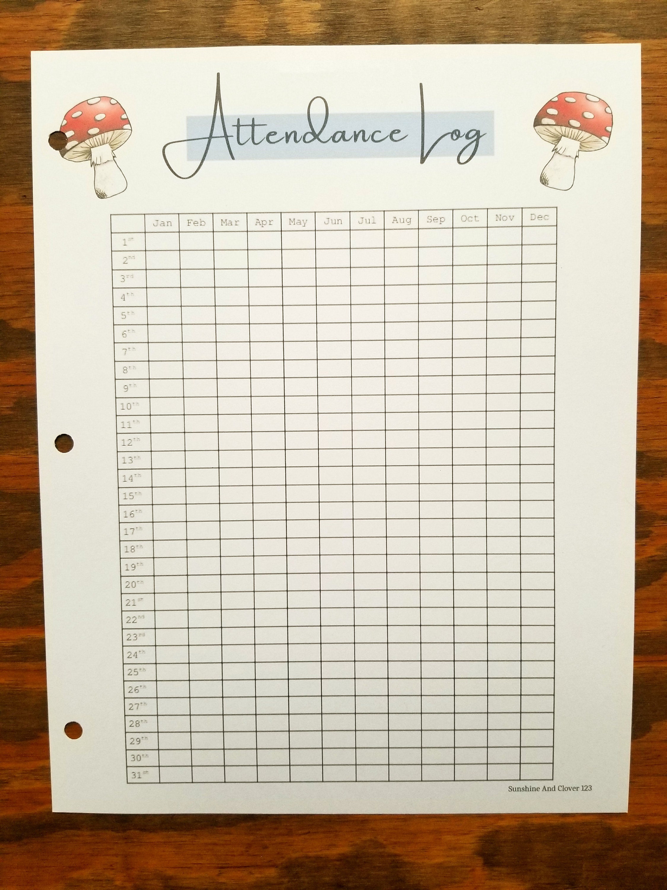 Homeschool Attendance Log in Mushroom Blue, Printable Attendance Record ...