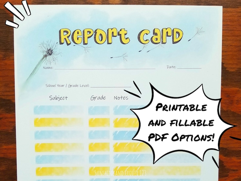 Printable Report Card, Colorful Grade Card in Blue and Yellow, Dandelion Report Card, Grade ...