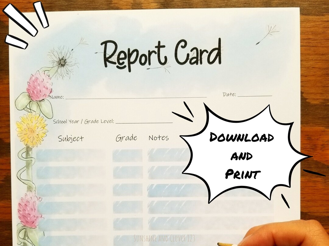 Digital Download Report Card, Grade Card for Homeschooling, Flower ...