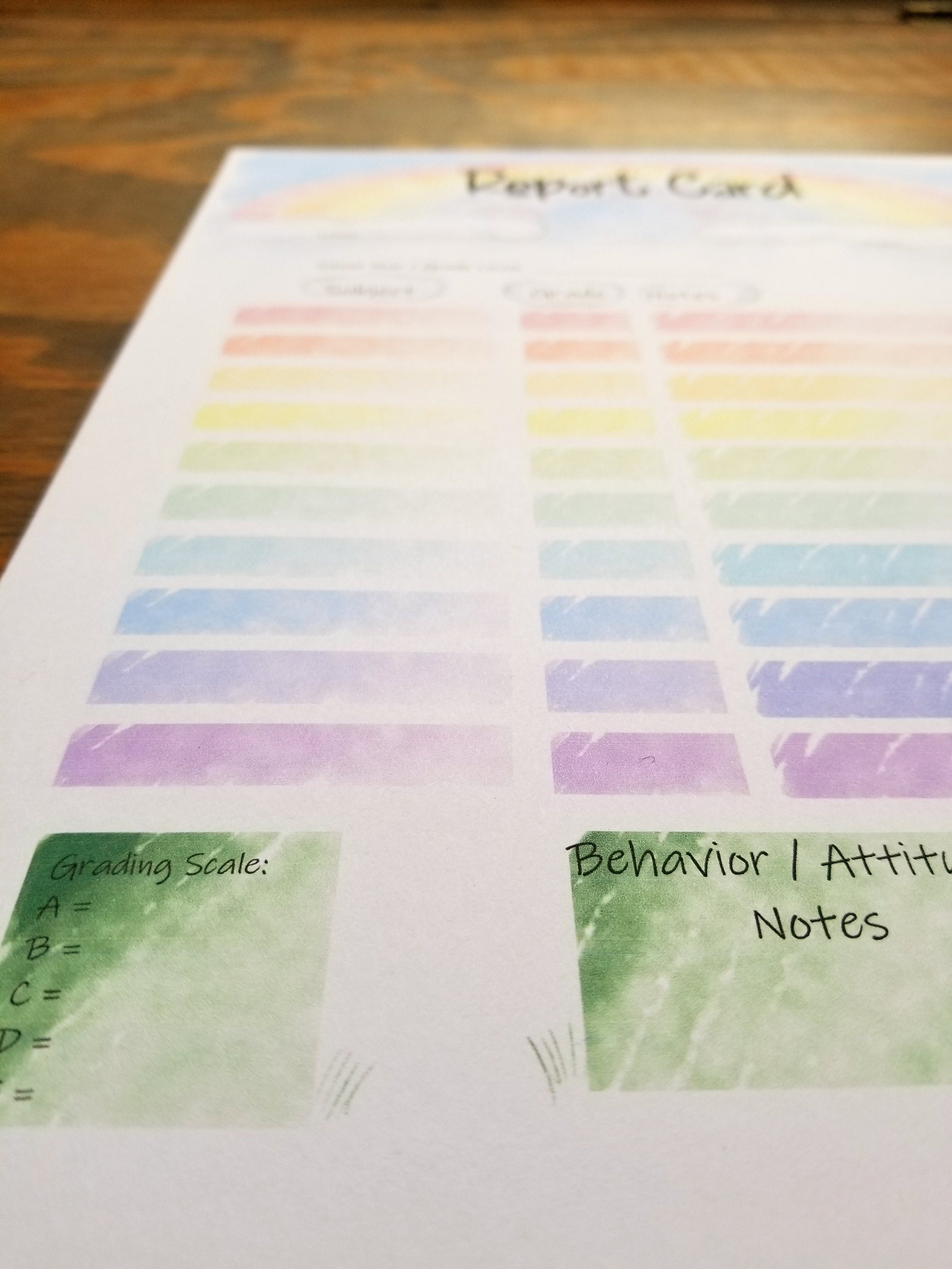 Rainbow Report Card, Printable Grade Card, Digital Download Academic ...