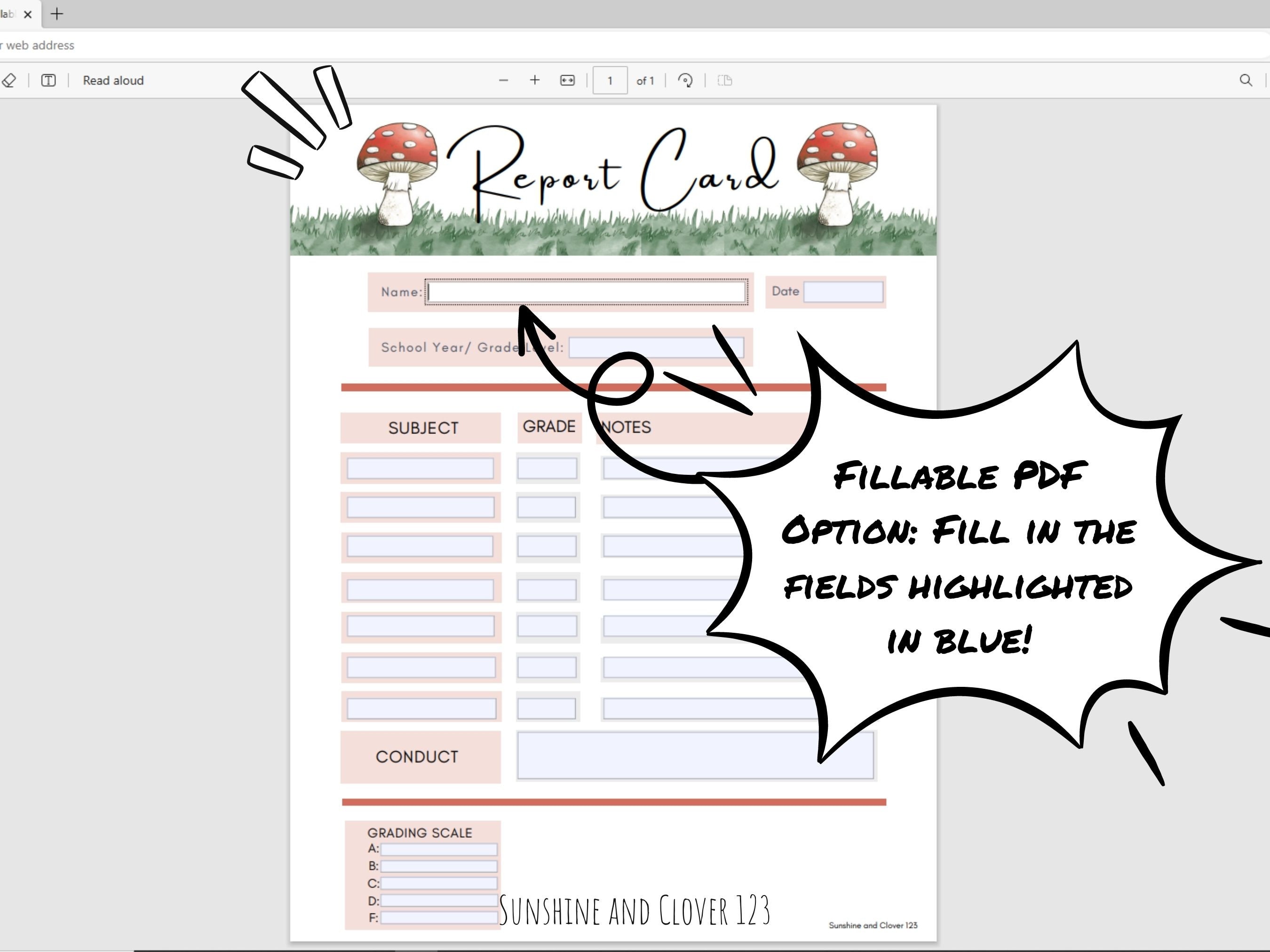 Editable Report Card, Printable Grade Card in Mushroom Red Theme ...