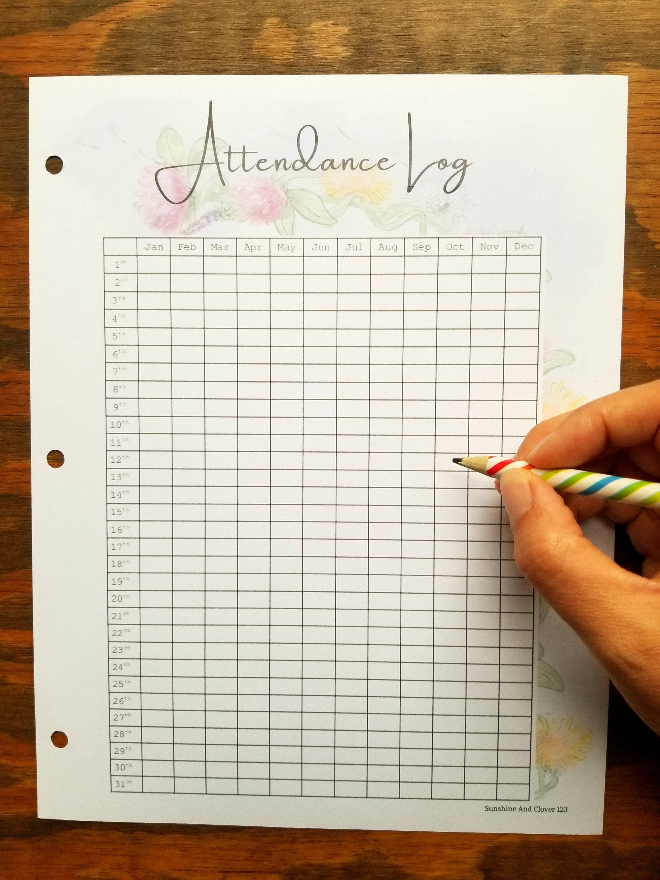 Homeschool Attendance Log in Flower Design, Attendance Record Printable ...