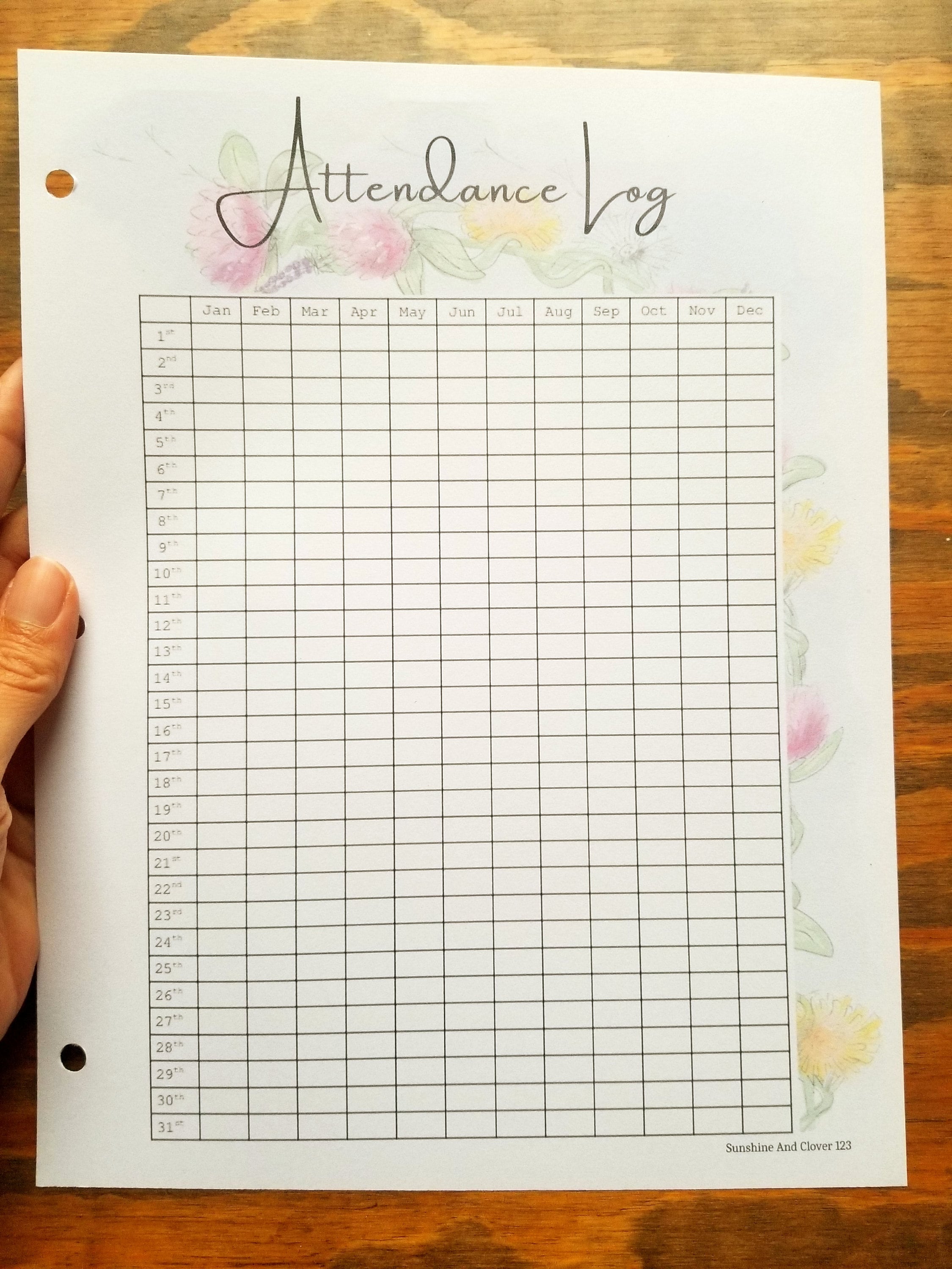Homeschool Attendance Log in Flower Design, Attendance Record Printable ...