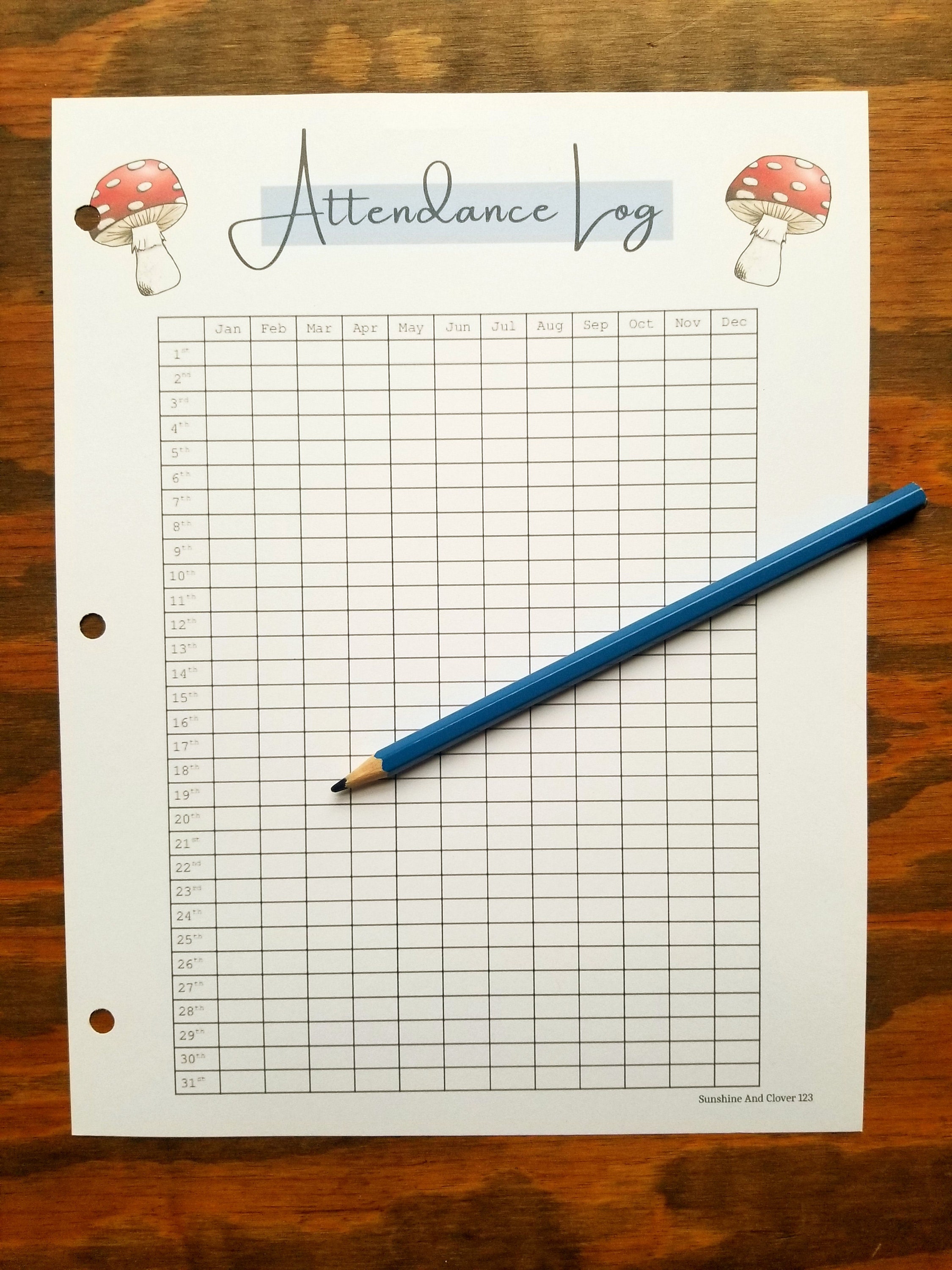 Homeschool Attendance Log in Mushroom Blue, Printable Attendance Record ...