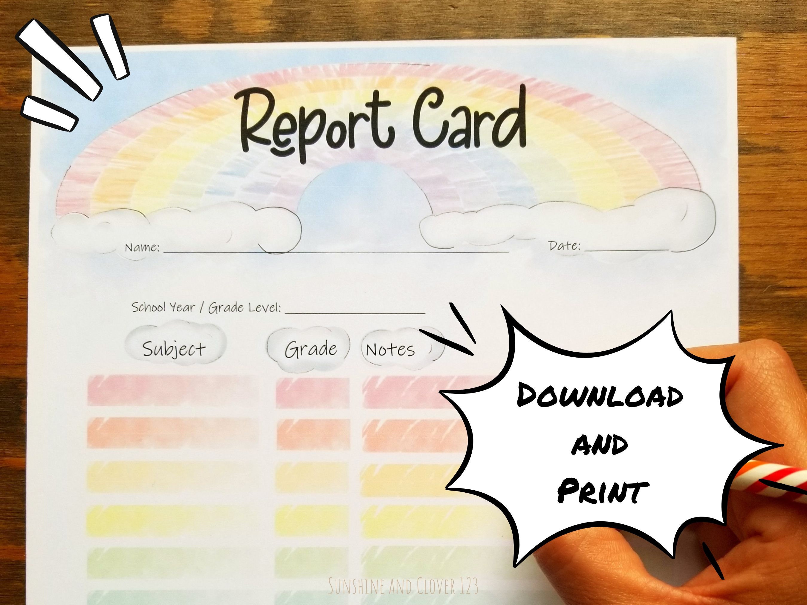 Rainbow Report Card, Printable Grade Card, Digital Download Academic ...