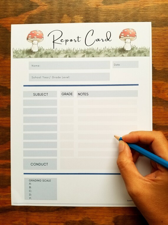 Printable Report Card in Mushroom Blue Design Grade Card - Etsy