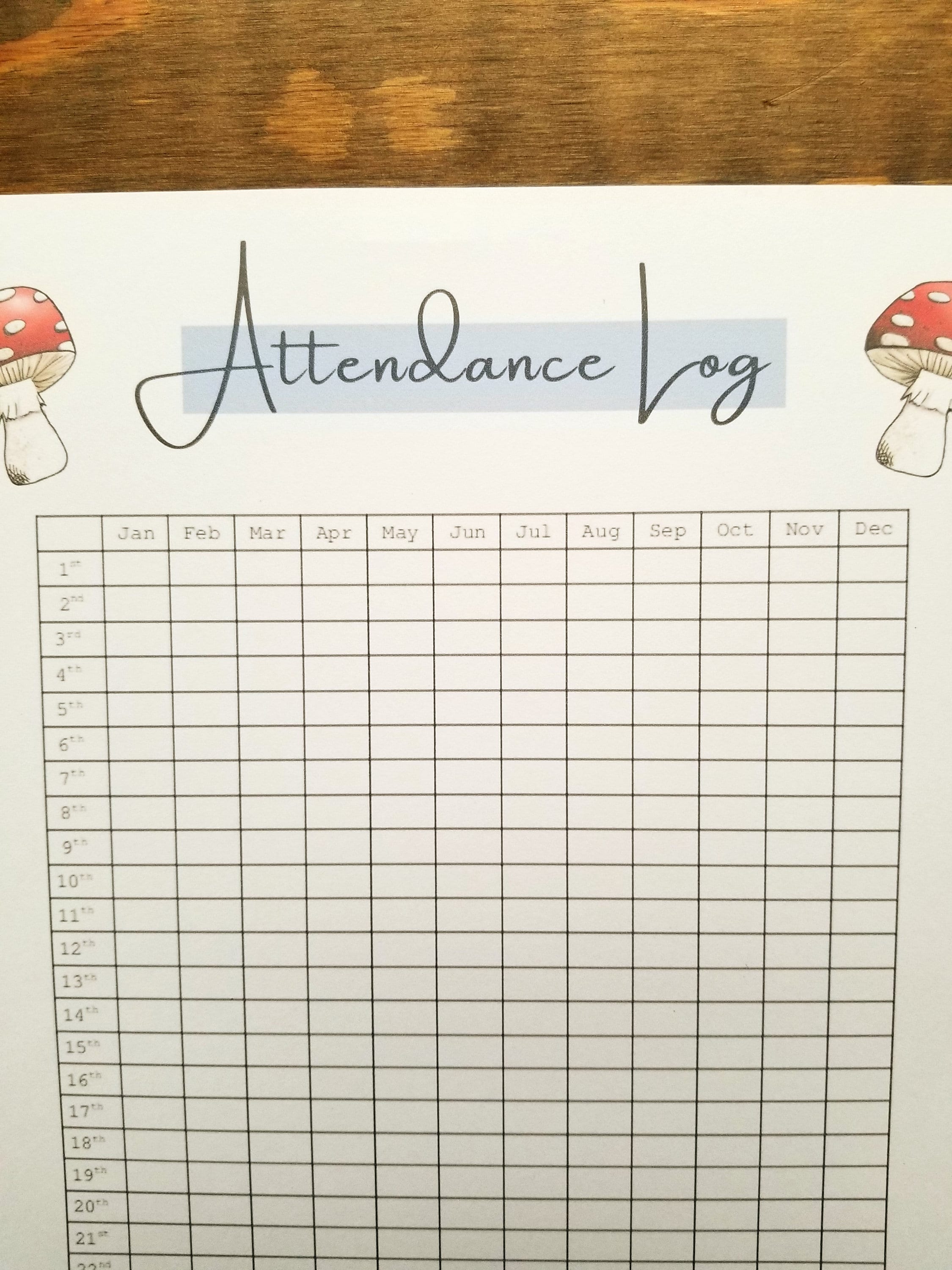 Homeschool Attendance Log in Mushroom Blue, Printable Attendance Record ...