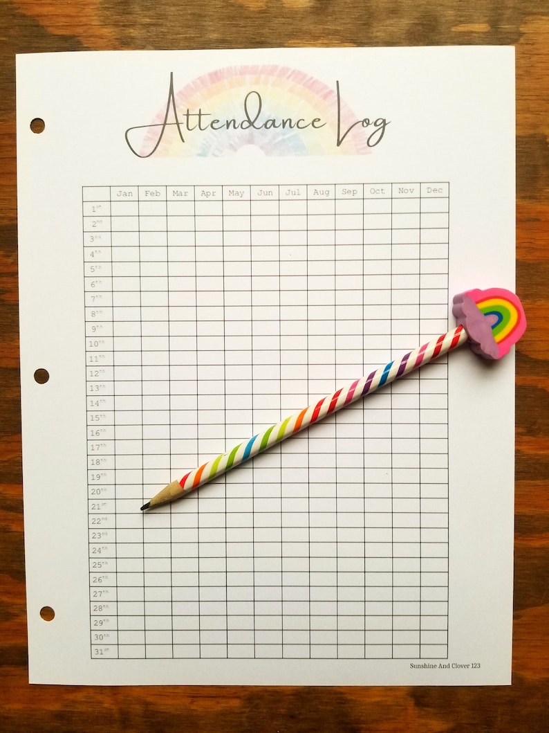 Homeschool Attendance Log in Rainbow Theme, Attendance Record for ...